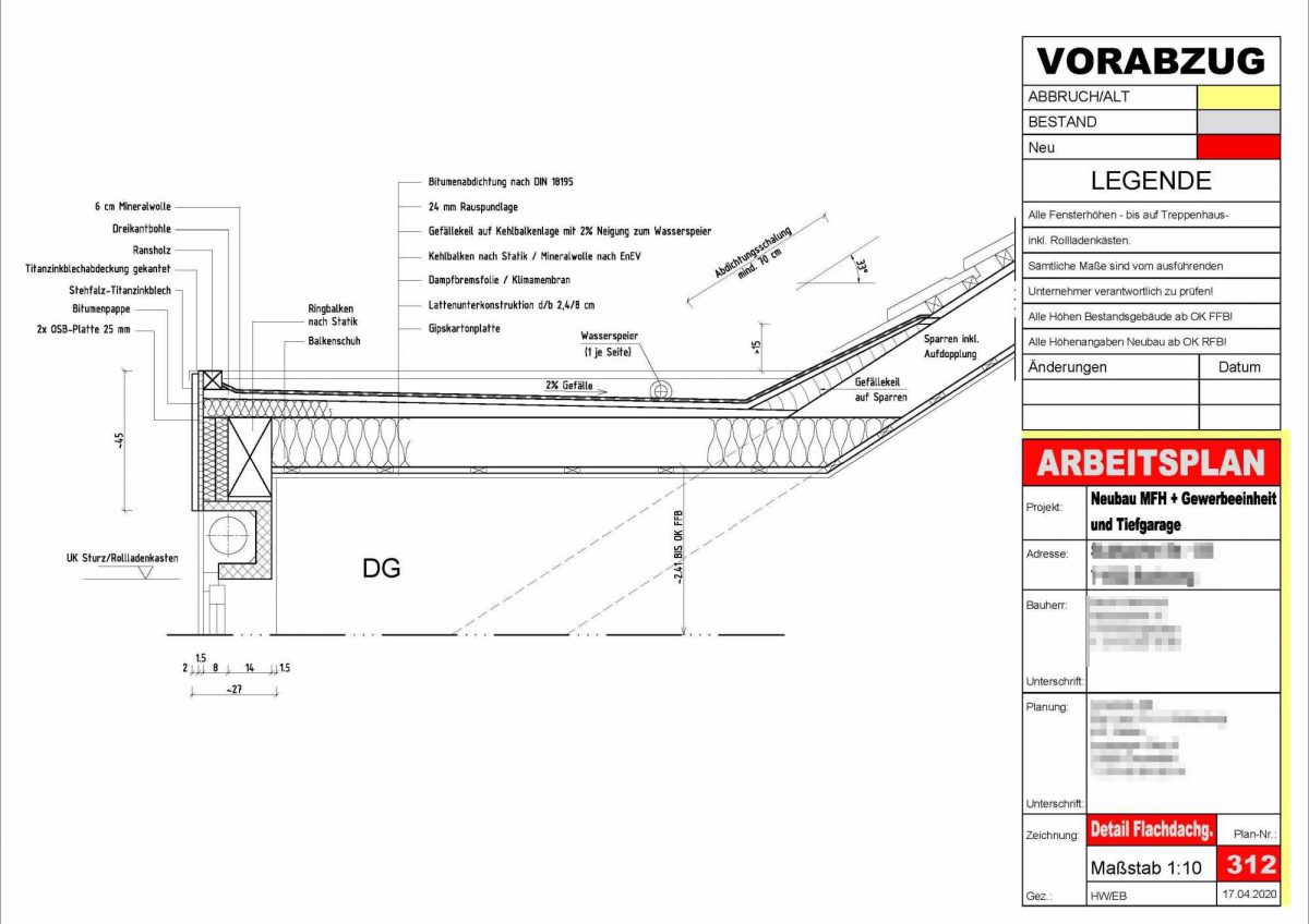 Detailzeichnung eines Flachdaches im Maßstab 1:10 - Grundriss zeichnen ...